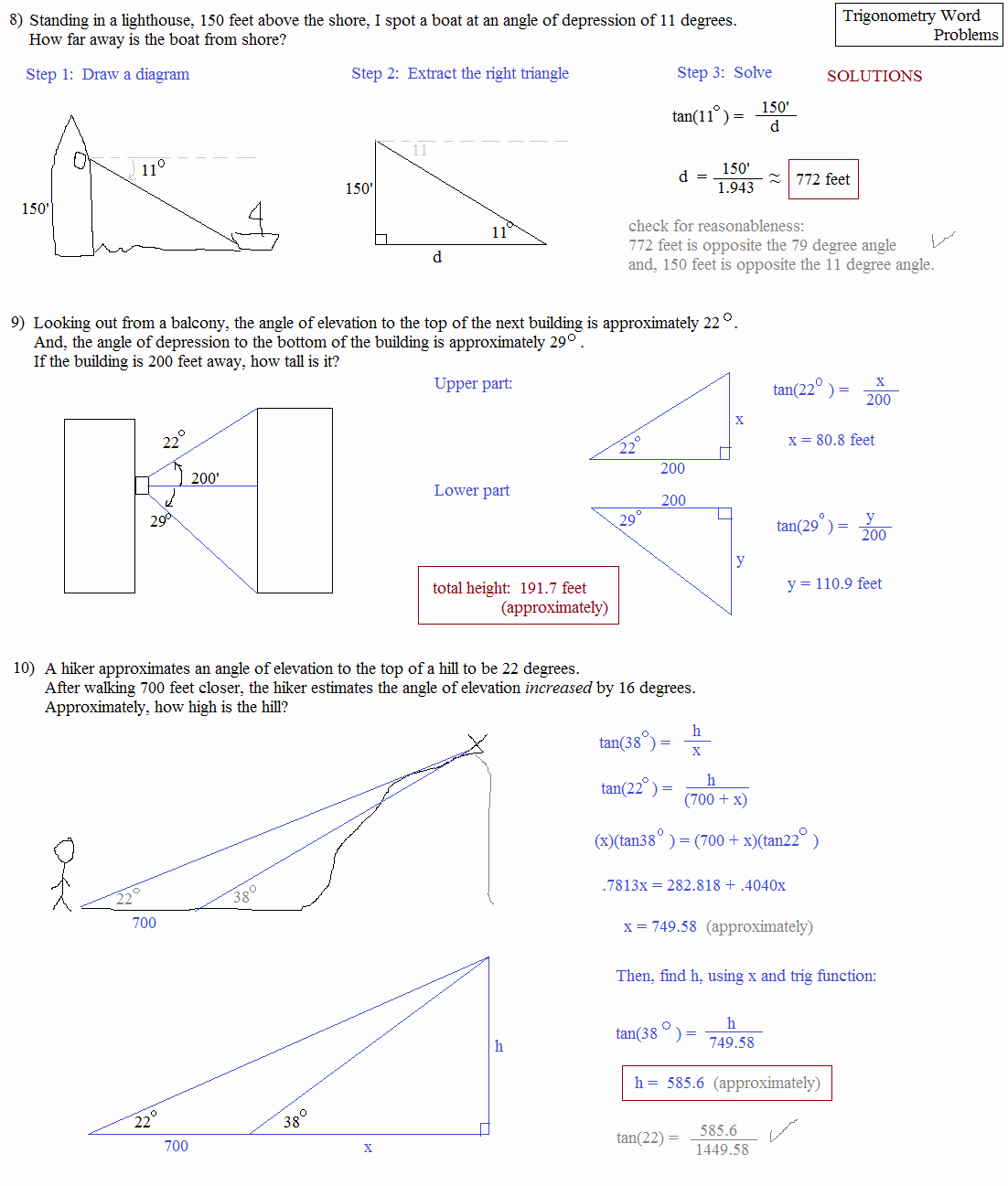 50 Trigonometry Word Problems Worksheet Answers