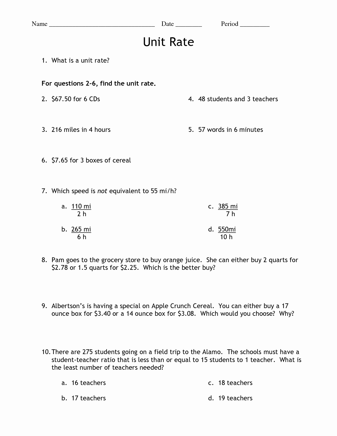 50 Unit Rate Word Problems Worksheet