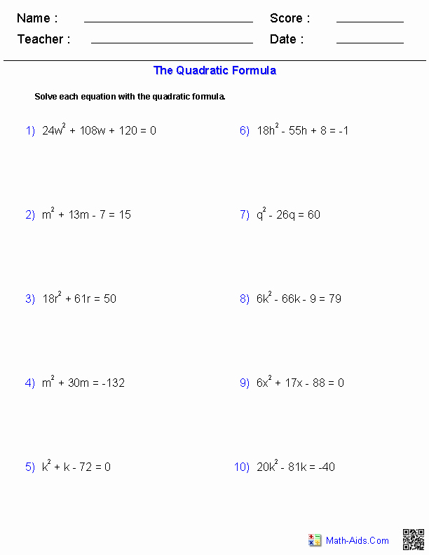 50 Using The Quadratic Formula Worksheet 50 Using The Quadratic Formula Worksheet