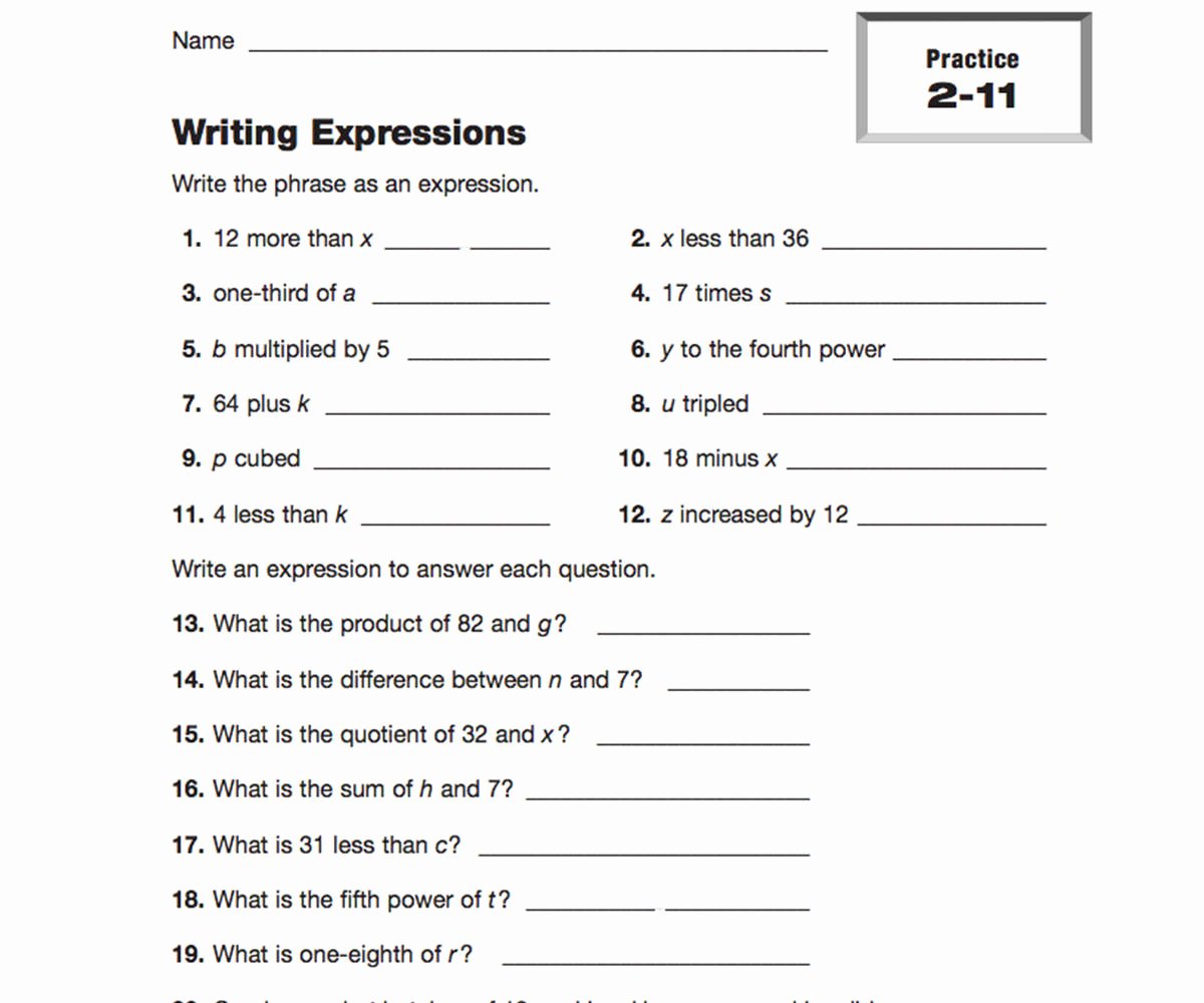 Evaluating Expressions Worksheets